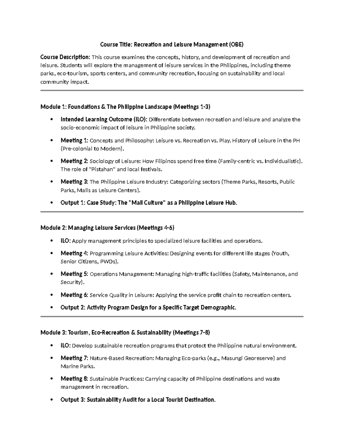 Leisure & Recreation Management (OBE): Course Overview & Modules - Studocu