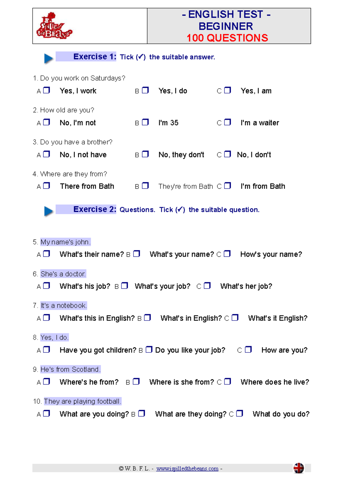 ENGLISH TEST BEGINNER 100 QUESTIONS - Exercises and Answers - Studocu