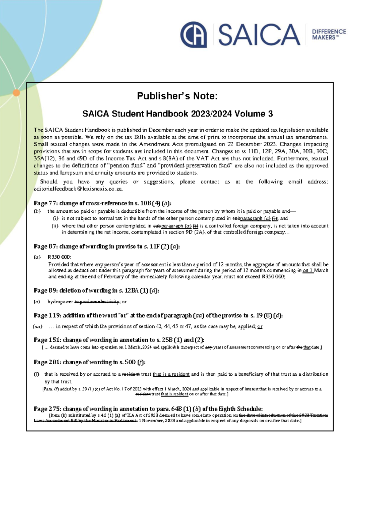 SAICA Student Handbook Volume 3: Tax Legislation Updates 2024 - Studocu