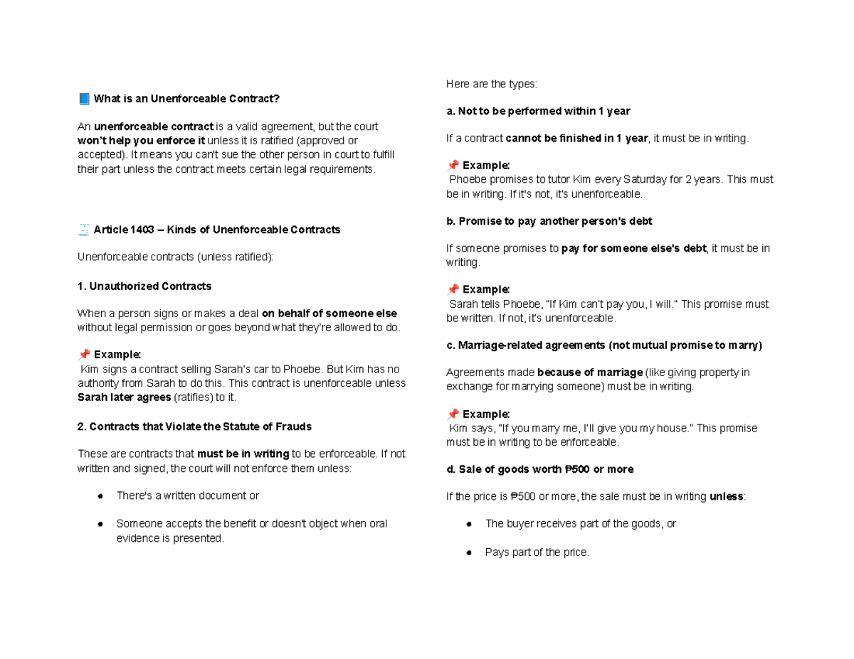 OBLI 101: Unenforceable Contracts - Examples & Explanations - Studocu
