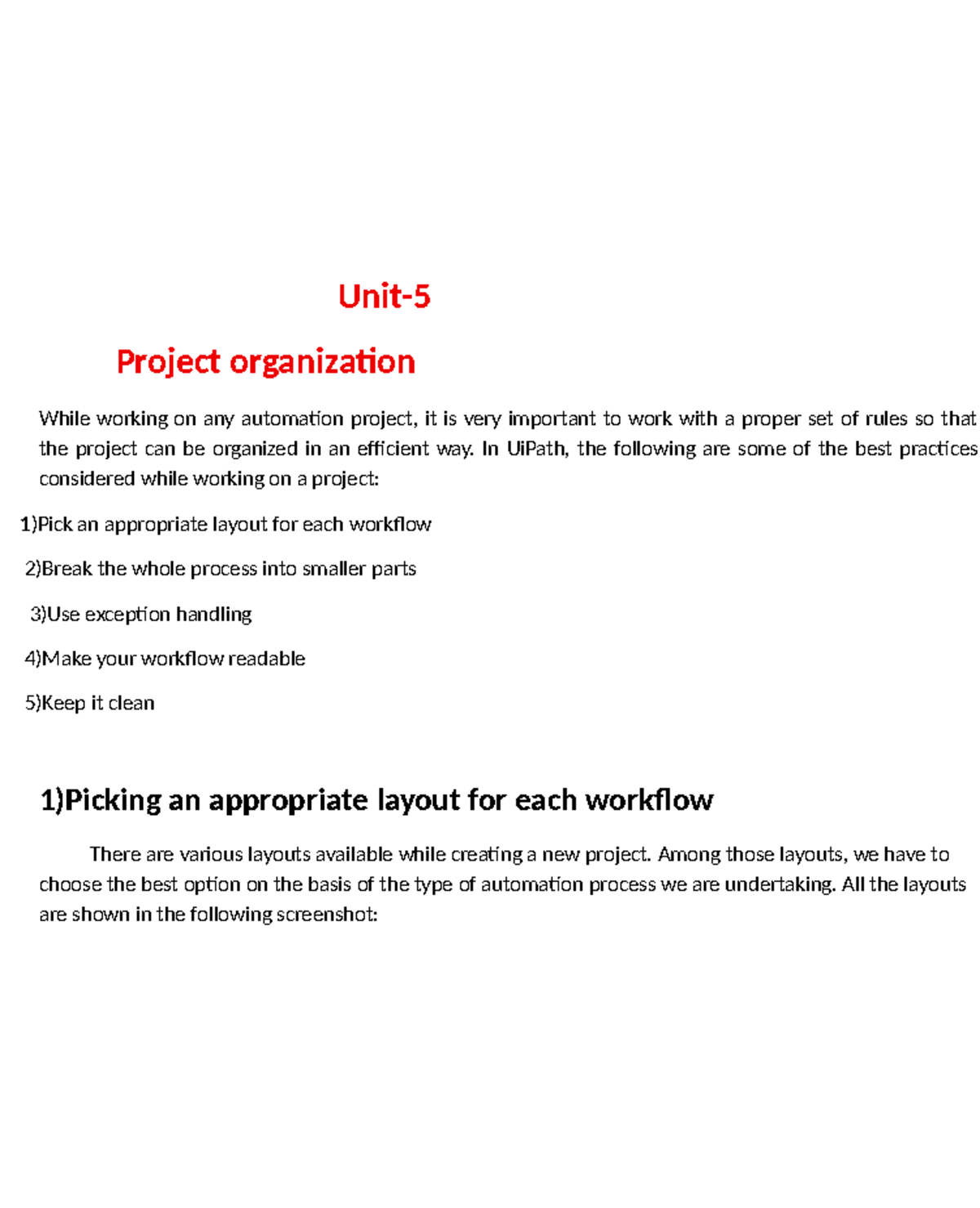 Unit-5-1: Best Practices for Project Organization in RPA - Studocu