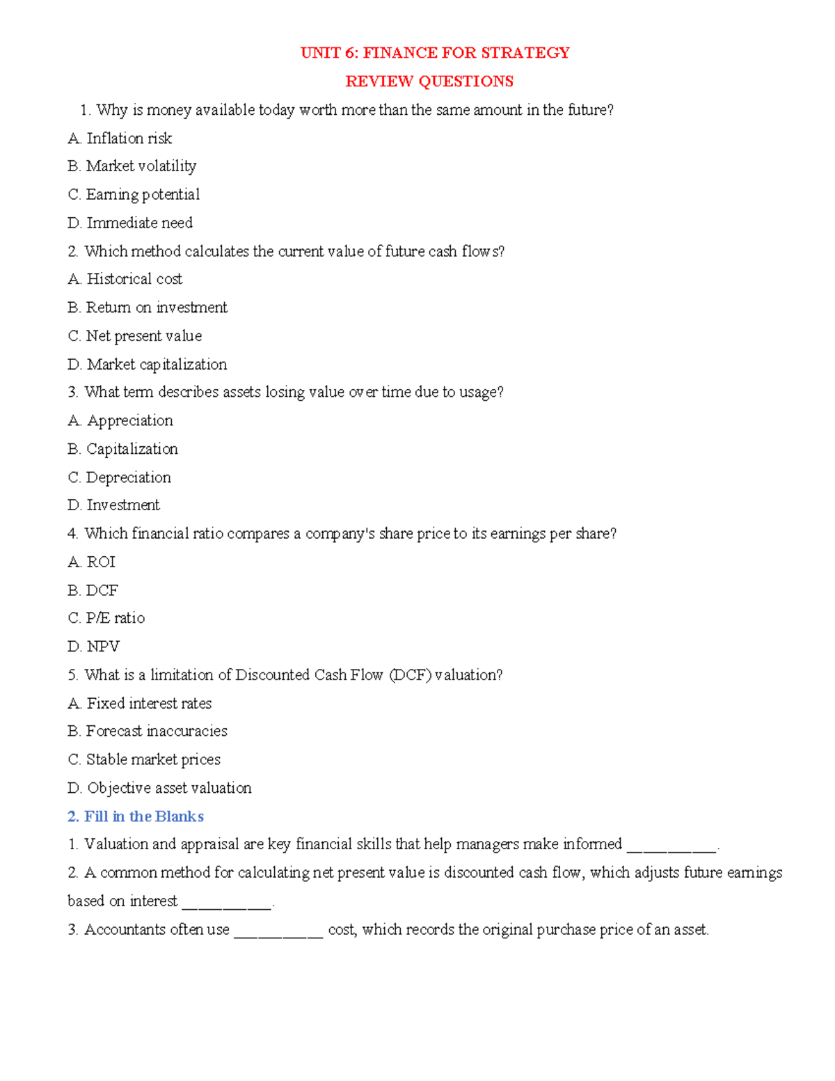UNIT 6: FINANCE FOR STRATEGY REVIEW QUESTIONS & ANSWERS - Studocu