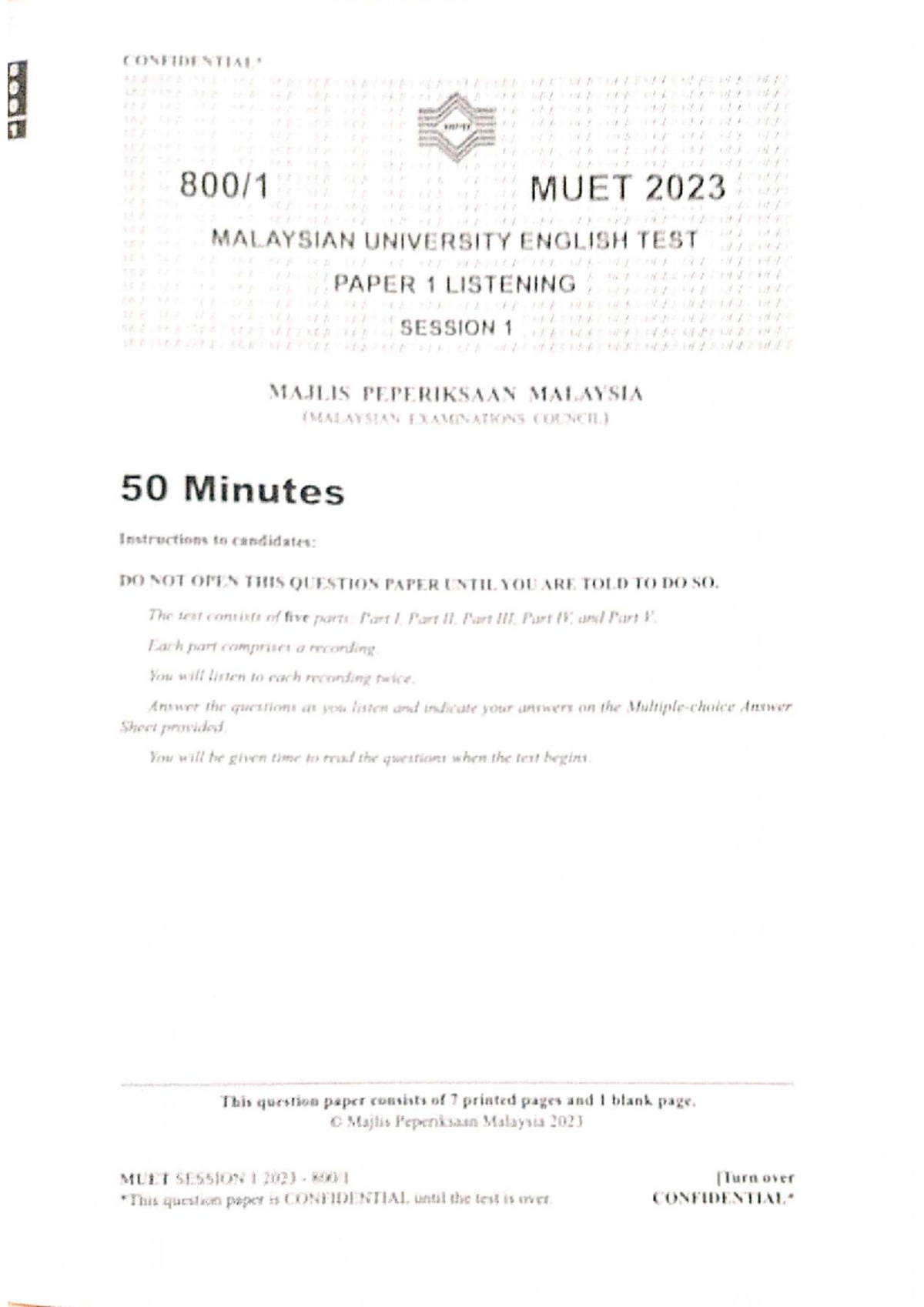 MUET 2023 Listening Test Paper 1 - Session 1 Guide - Studocu