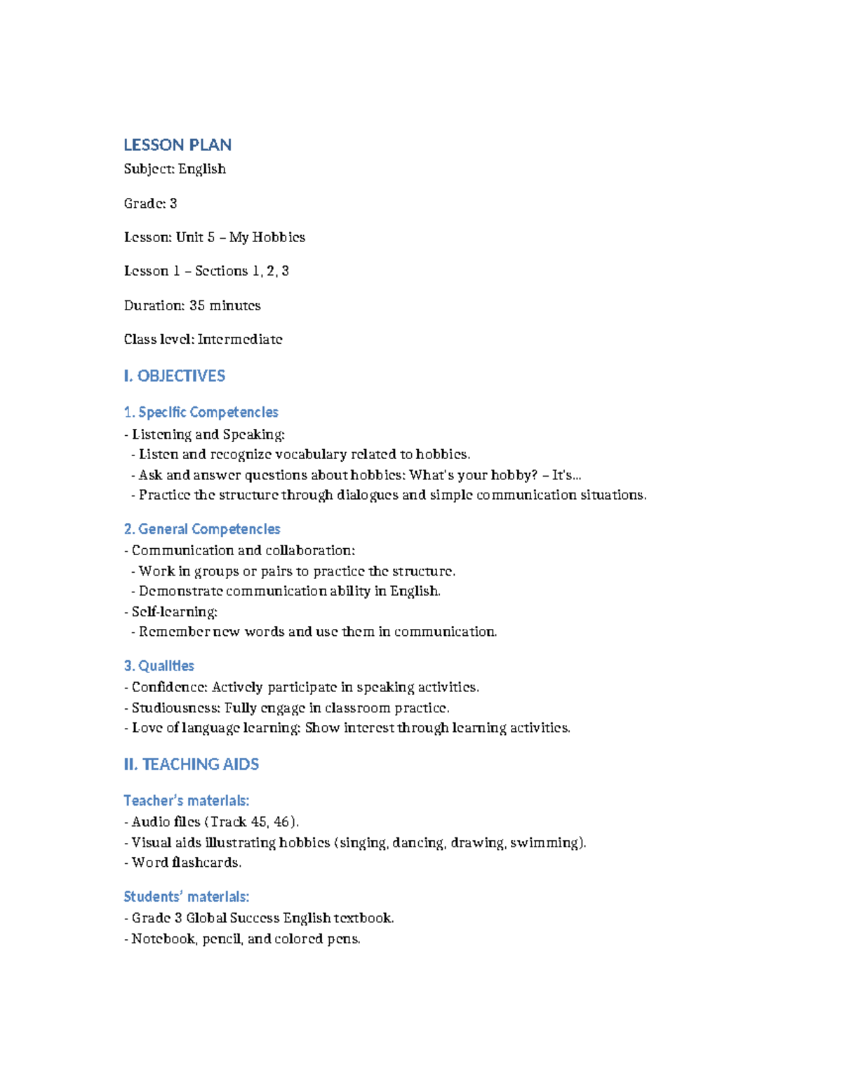 English Lesson Plan: Unit 5 - My Hobbies (Grade 3) - Studocu