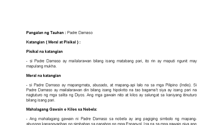 Padre Damaso: Katangian at Papel sa Noli Me Tangere - Studocu