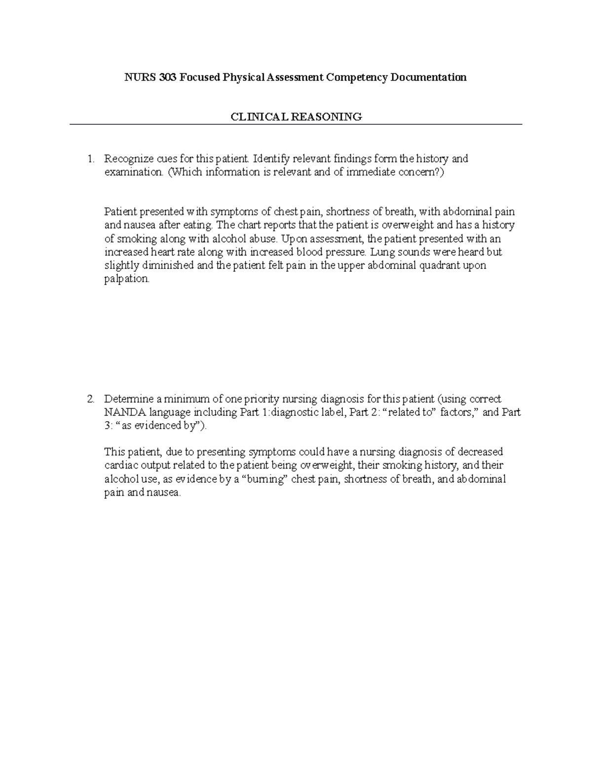 NURS 303 Final Focused Assessment Competency Documentation Guide - Studocu