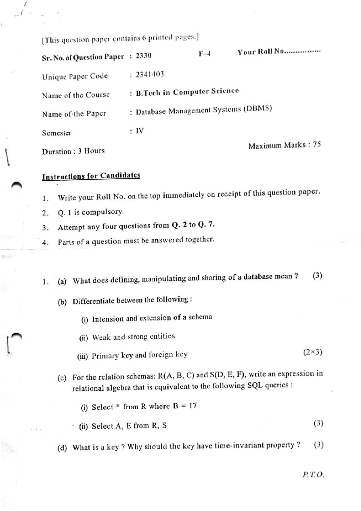 Previous Year Question Paper: B.Tech CSE IV Sem - DBMS (2330) - Studocu