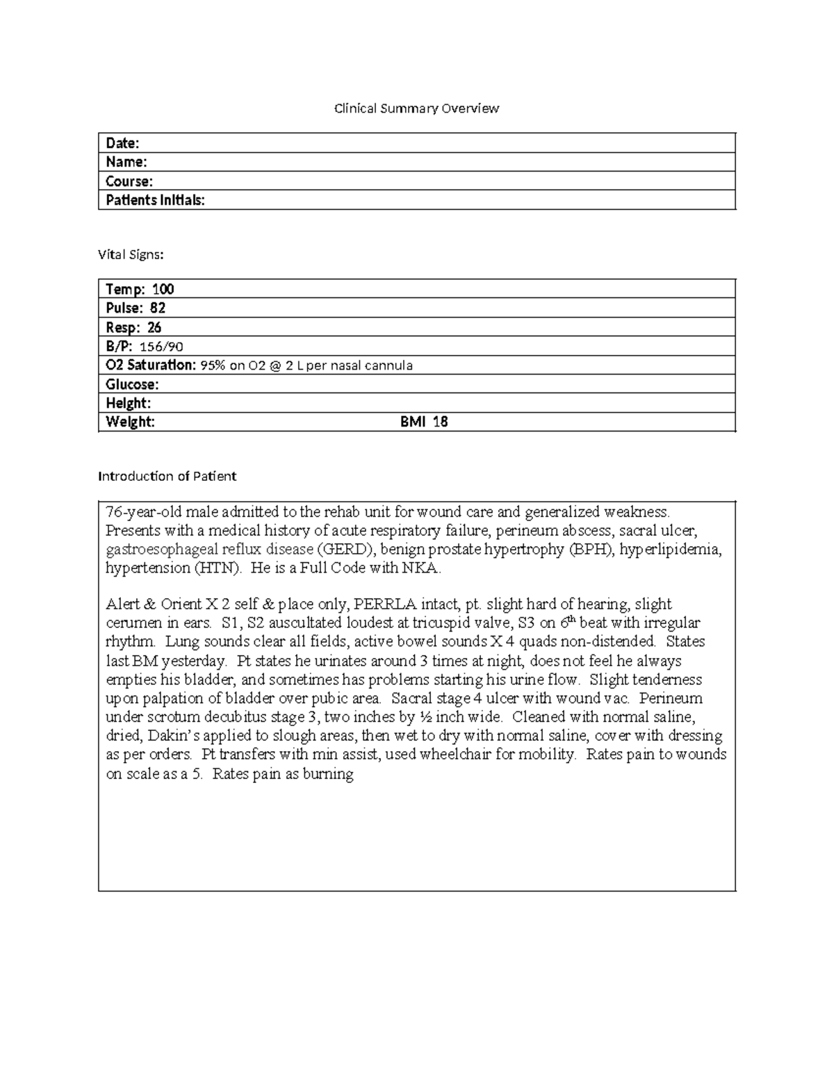 Clinical Summary Overview for Patient Care Plan - Rehab Unit - Studocu
