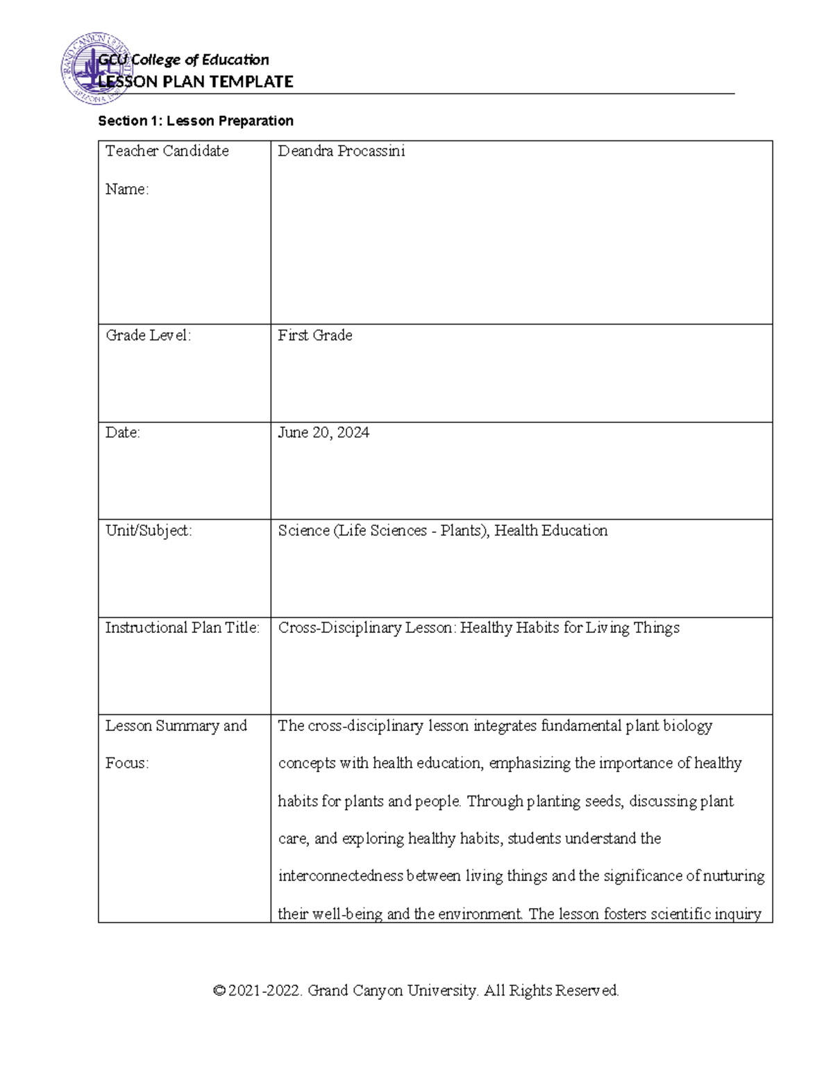 ESD 565 Lesson Plan: Healthy Habits & Plant Biology Integration - Studocu