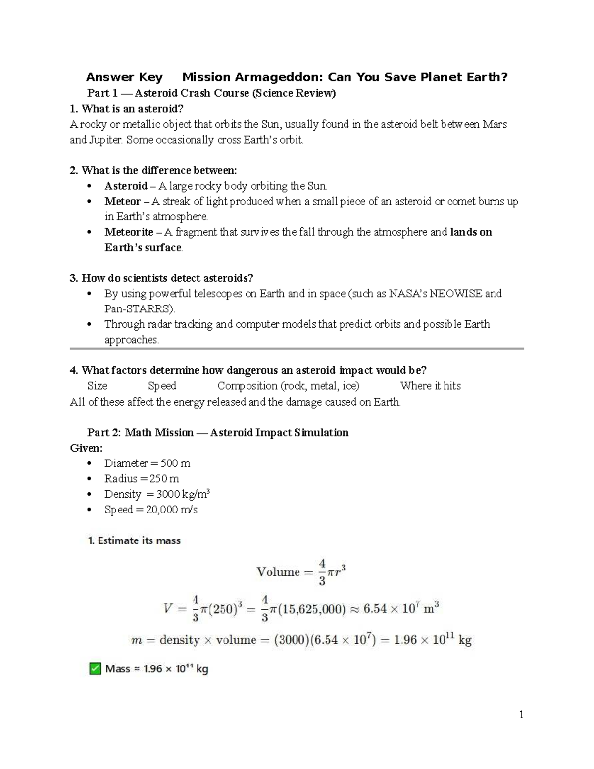 Mission Armageddon: Asteroid Crash Course - Answer Key (Science Review ...