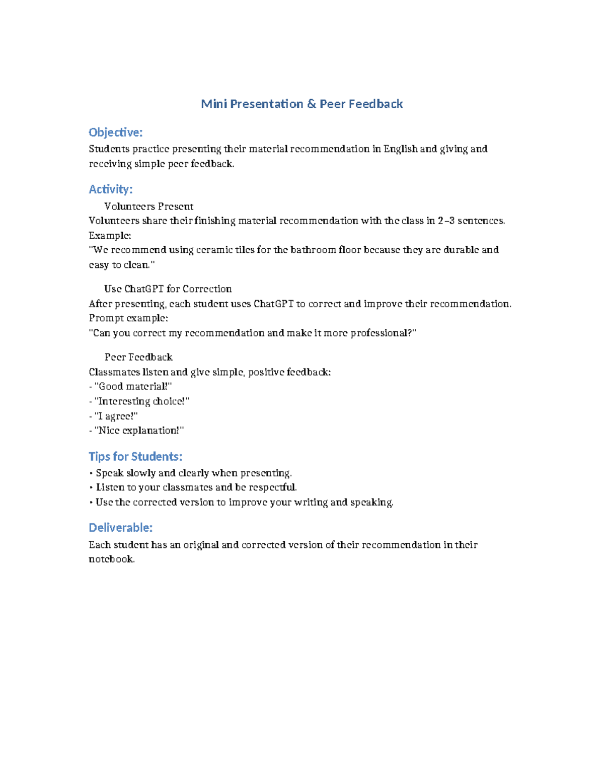 Mini Presentation Peer Feedback Activity: Improving Recommendations ...