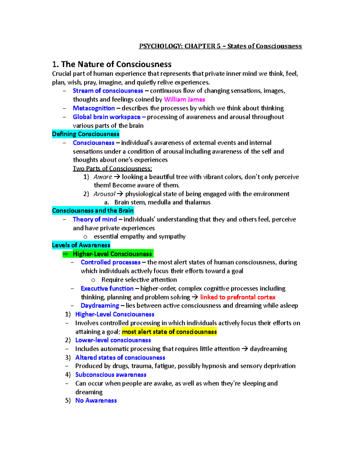 Chapter 5 Notes - States of Consciousness - PSYCHOLOGY: CHAPTER 5 ...