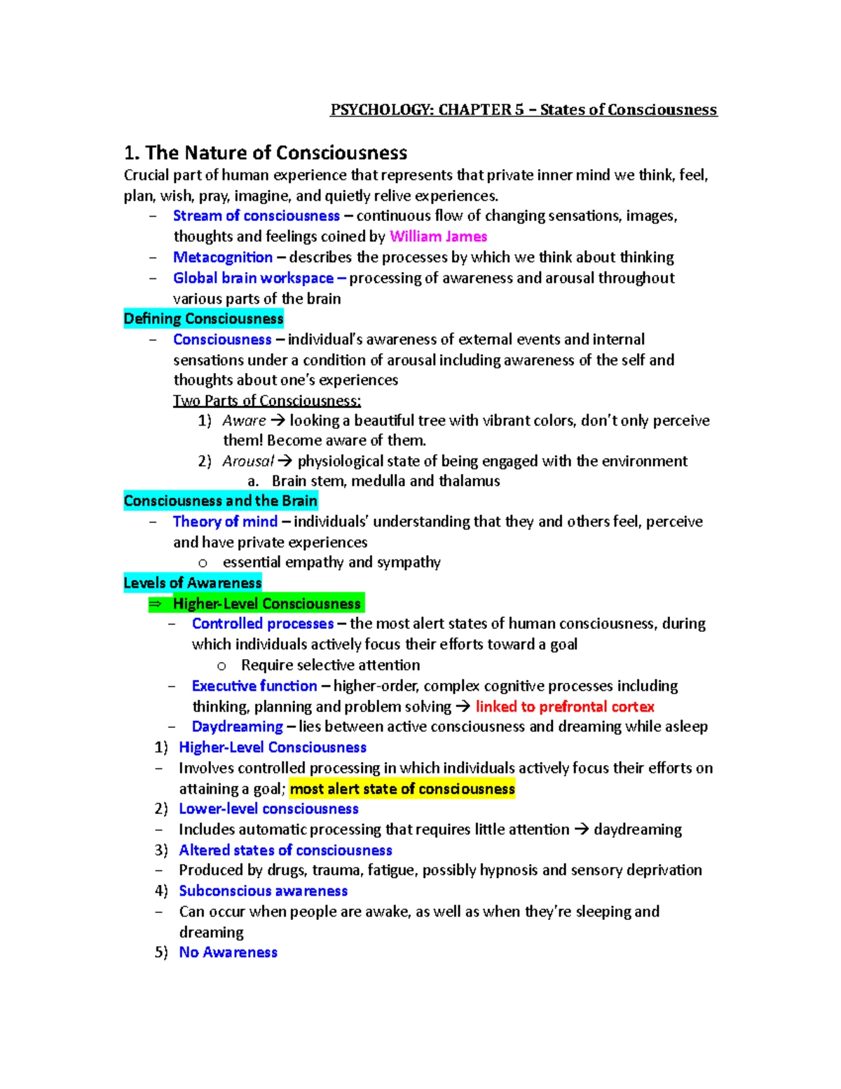 Chapter 5 Notes - States of Consciousness - PSYCHOLOGY: CHAPTER 5 ...