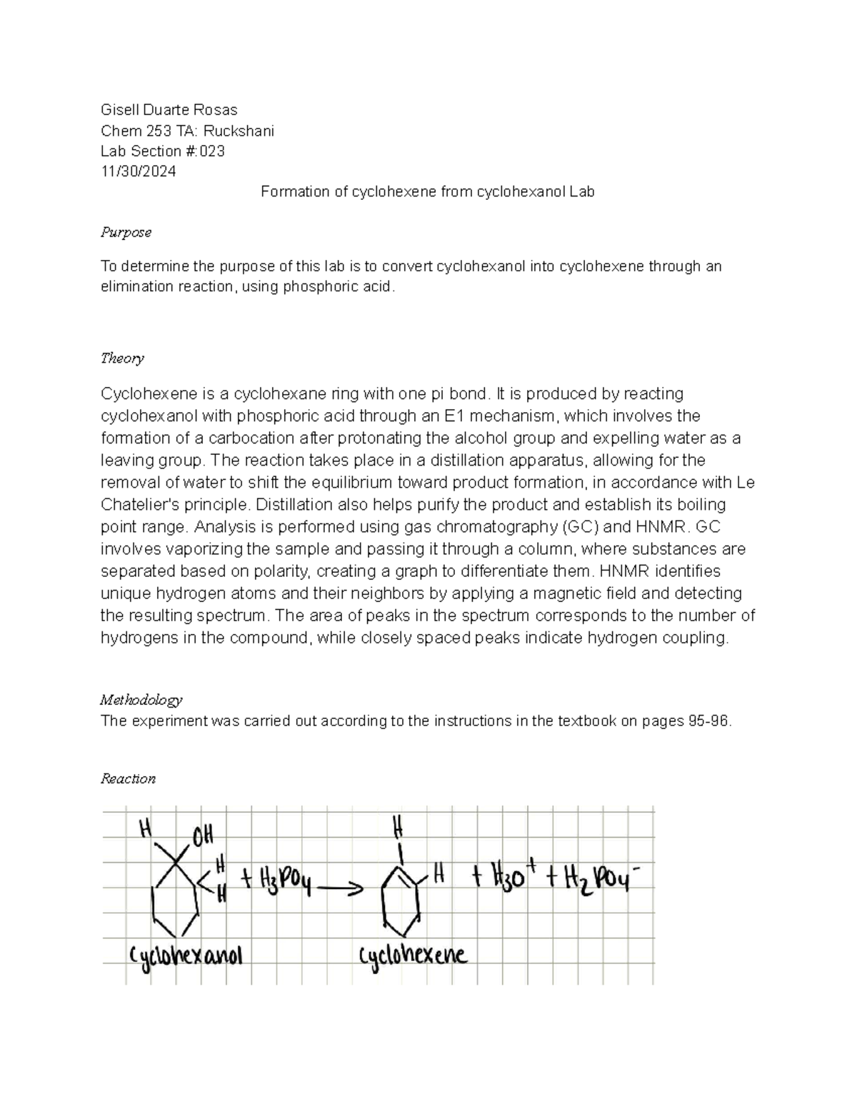 Lab Report 13: Chem 253 - Formation of Cyclohexene from Cyclohexanol ...