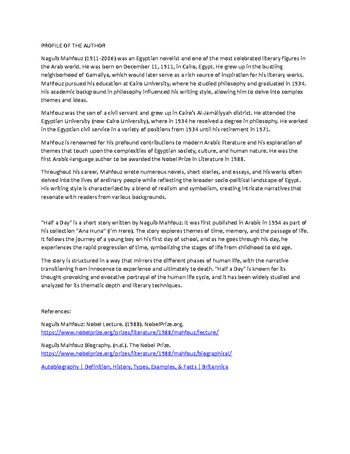 Naguib Mahfouz's "Half a Day" - A Study of Life's Passage - Studocu