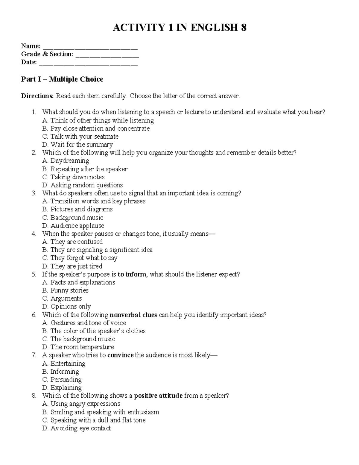 Activity 1 in English 8 - Listening Comprehension Notes - Studocu