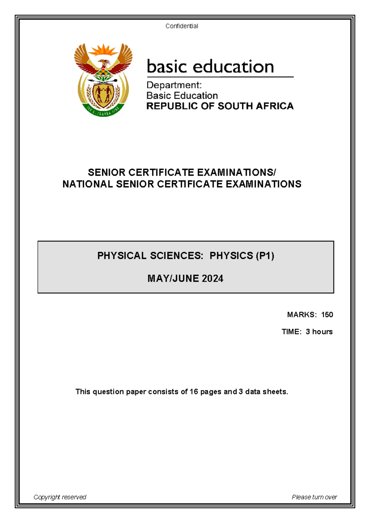 Physical Sciences P1 Exam Paper - May/June 2024 (Confidential) - Studocu