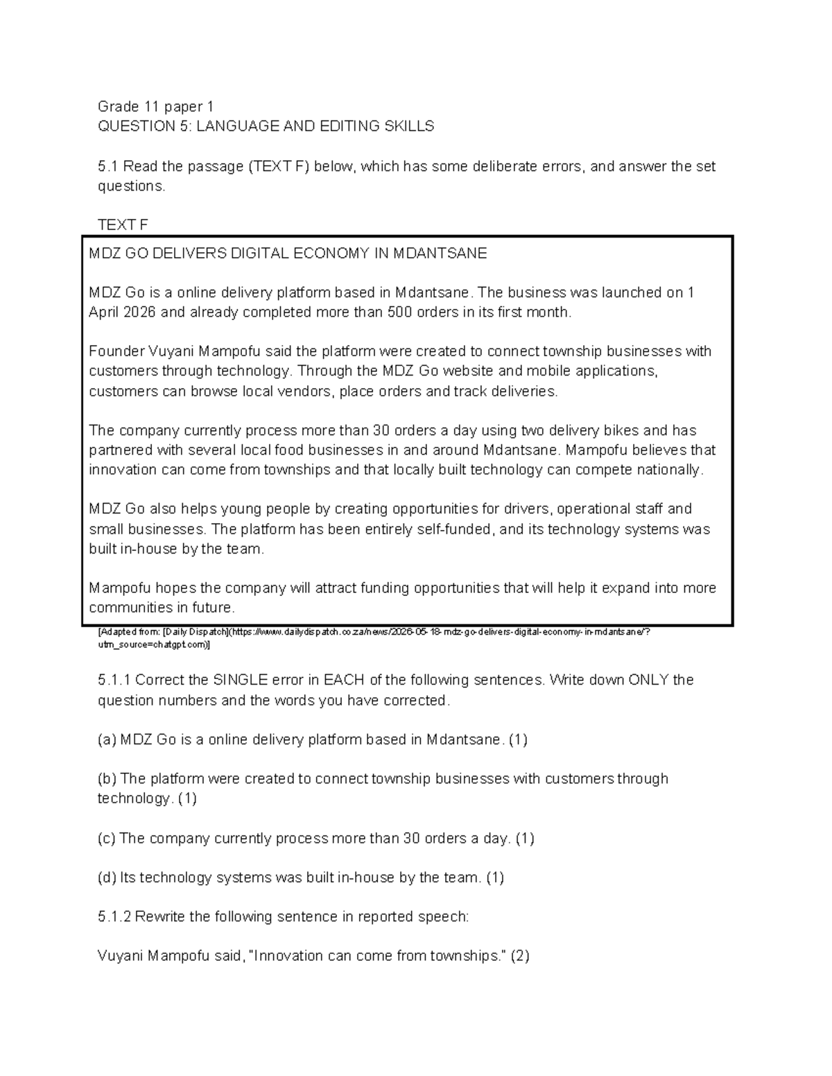 Grade 11 English FAL Paper 1: Language & Editing Skills - Studocu
