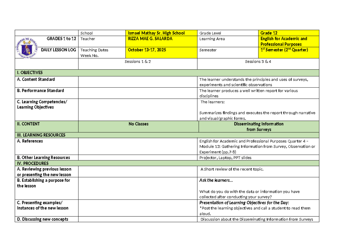 Grade 12 EAPP Daily Lesson Log (DLL) for Oct 13-17, 2025 - Studocu