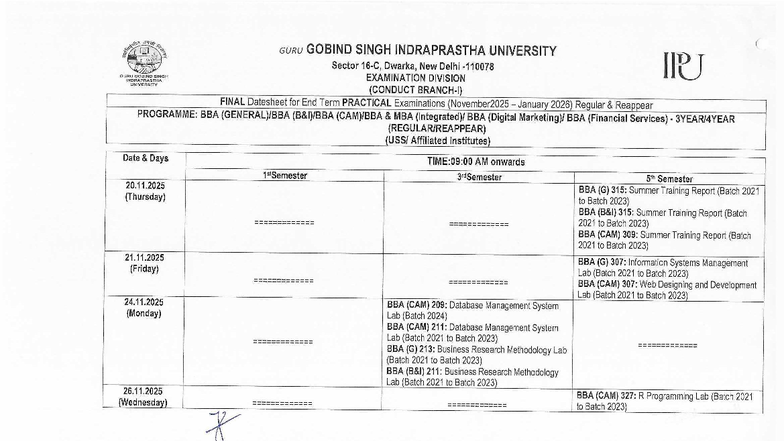 GGSIPU BBA & B.COM Final Exam Datesheet (Nov 2025 - Jan 2026) - Studocu