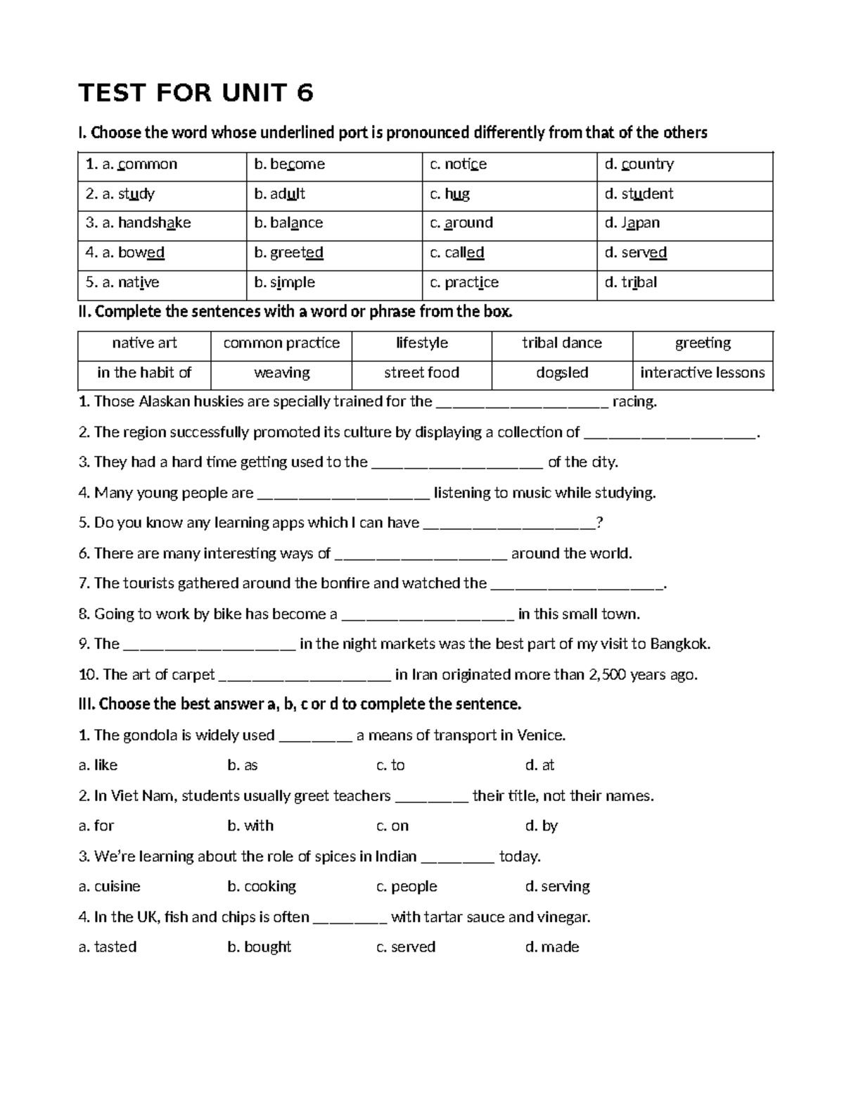 TEST FOR UNIT 6 - Pronunciation, Vocabulary, and Grammar Exercises ...