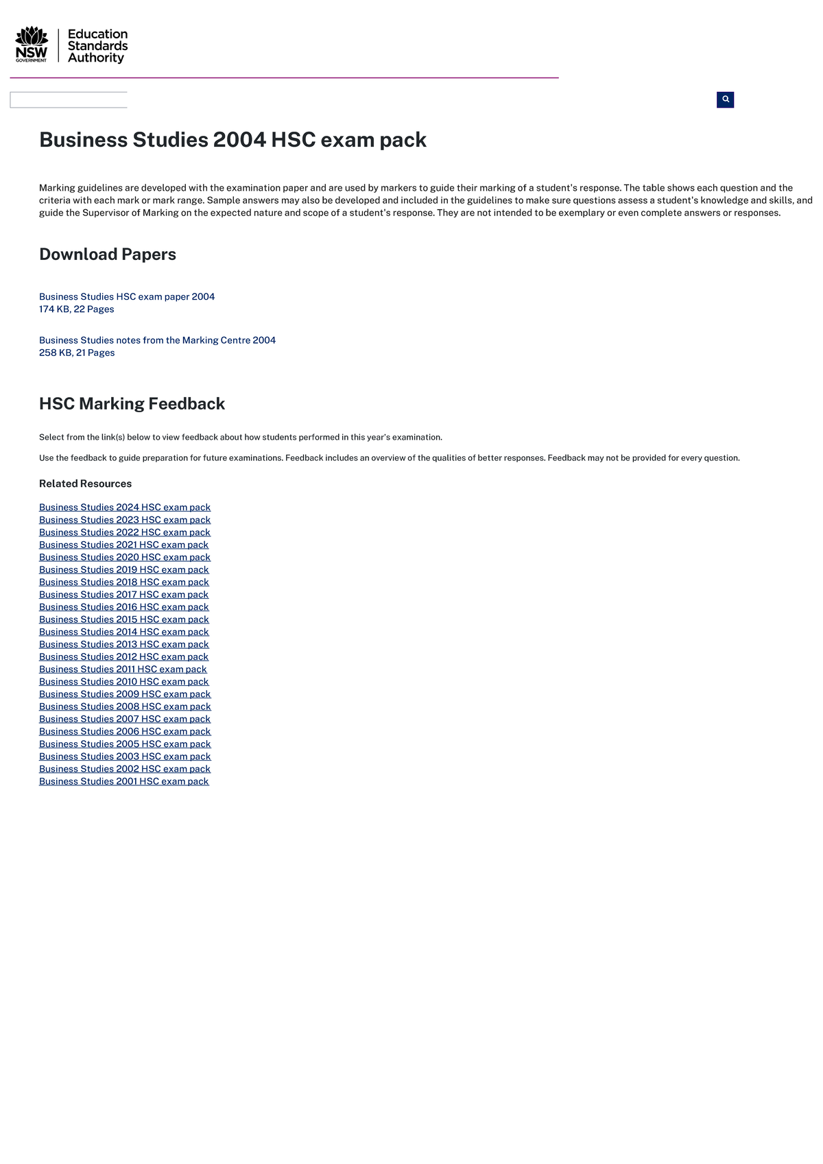 Business Studies 2004 HSC Exam Pack Marking Guidelines and Feedback ...