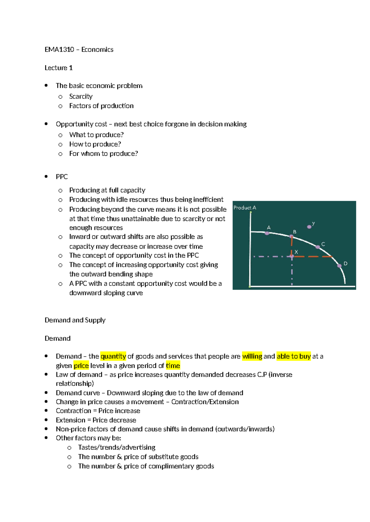 EMA1310 Economics Lecture 1: Scarcity, Demand & Supply Concepts - Studocu