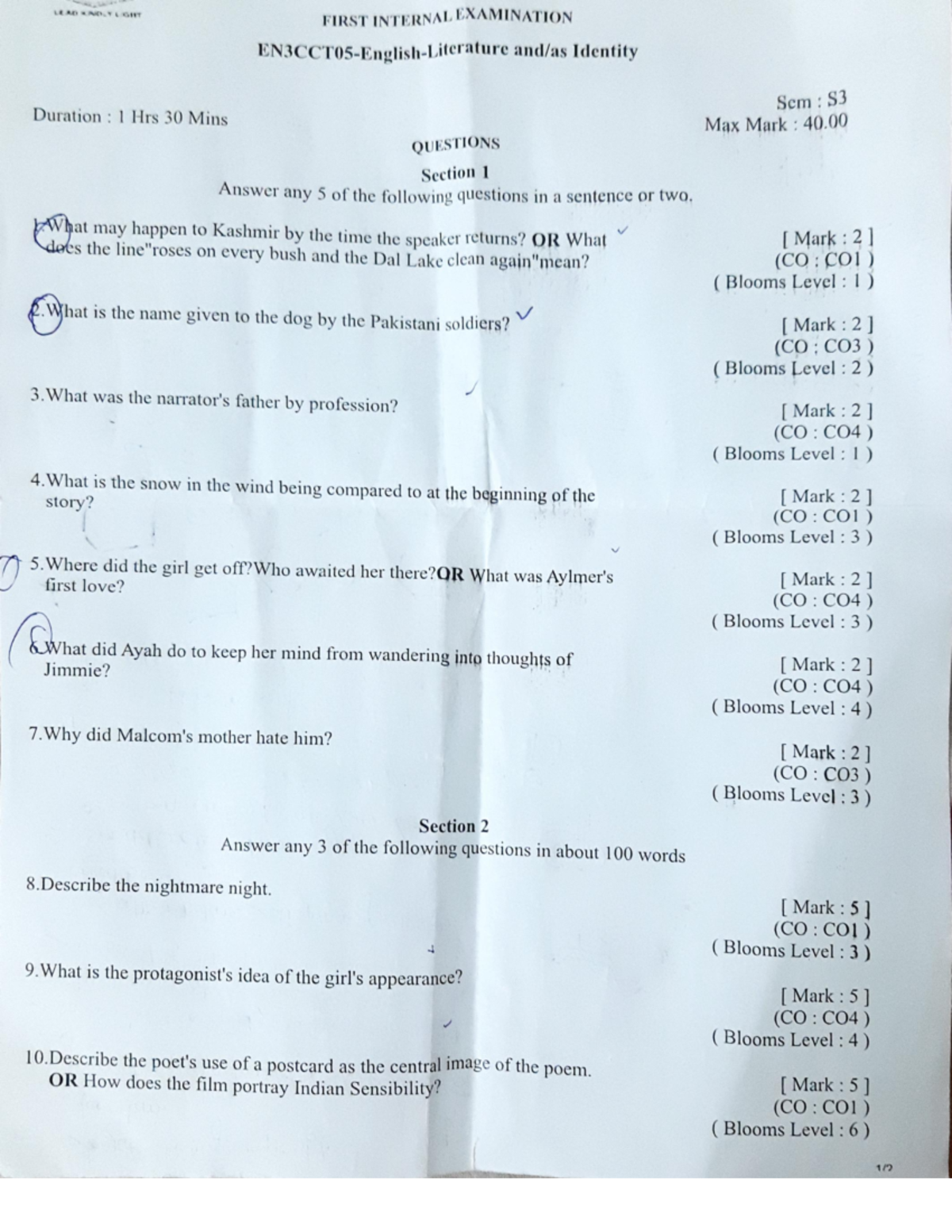 English - Question paper Language culture v/s Identity - LEAD FIRST ...