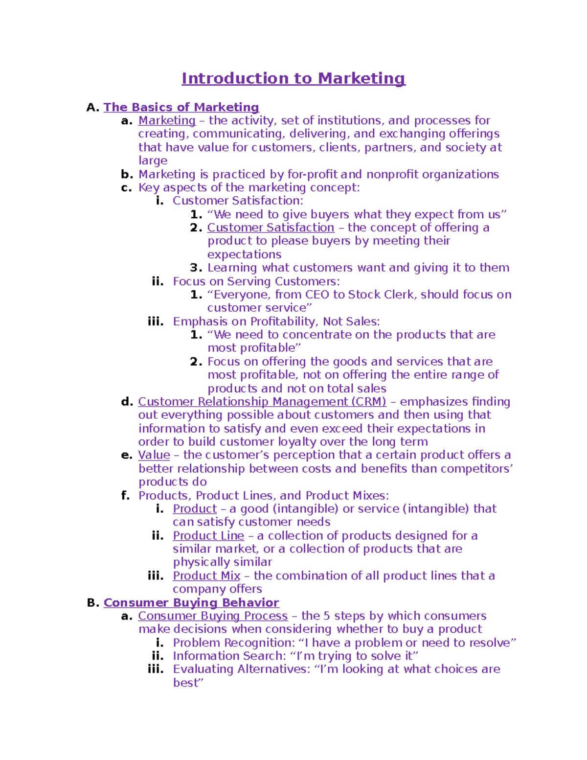 Marketing - Introduction to Marketing A. The Basics of Marketing a ...