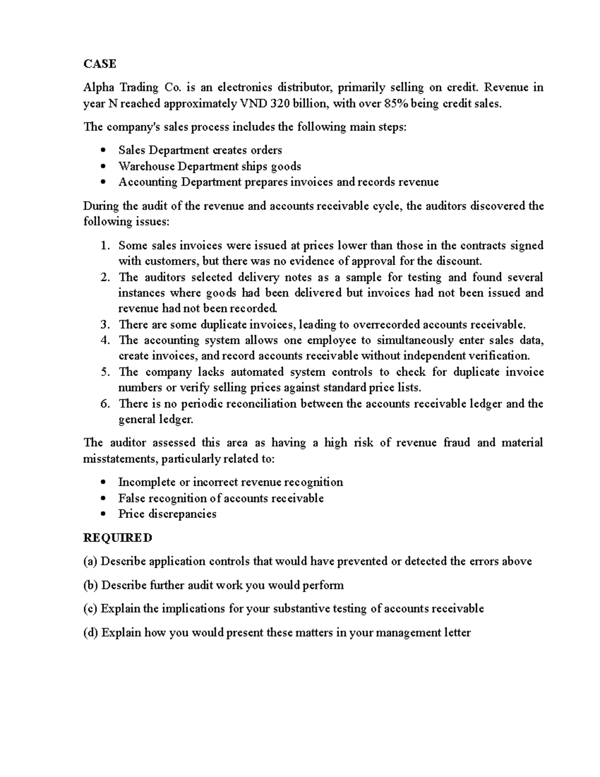 CASE Study: Revenue Audit Issues at Alpha Trading Co. - Studocu