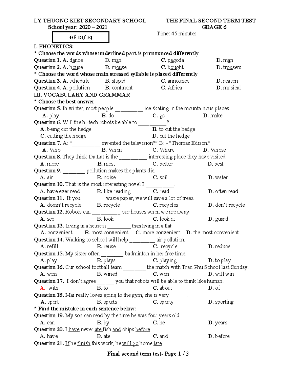 LY THUONG KIET SCHOOL GRADE 6 FINAL TERM TEST REVIEW 2020-2021 - Studocu