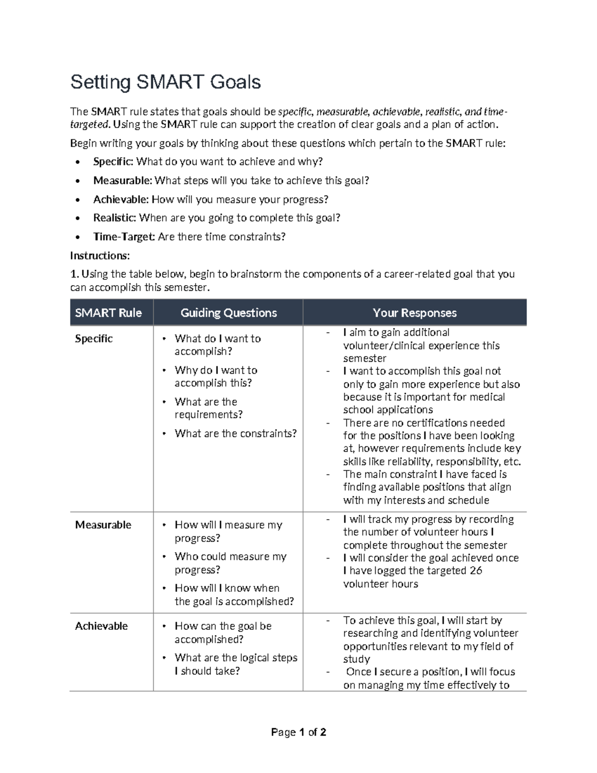 SMART Goals Worksheet: Homework for Effective Planning - Studocu