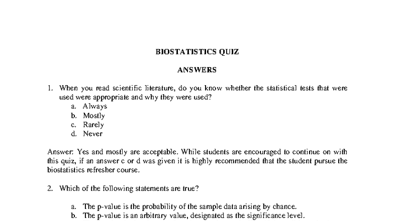 BIOSTATISTICS QUIZ ANSWERS - Key Concepts and Explanations - Studocu