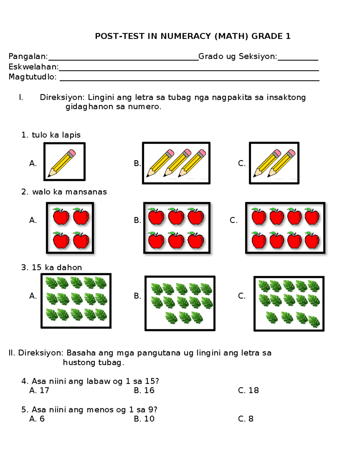 PRE-TEST IN Numeracy (For validation) - POST-TEST IN NUMERACY (MATH ...