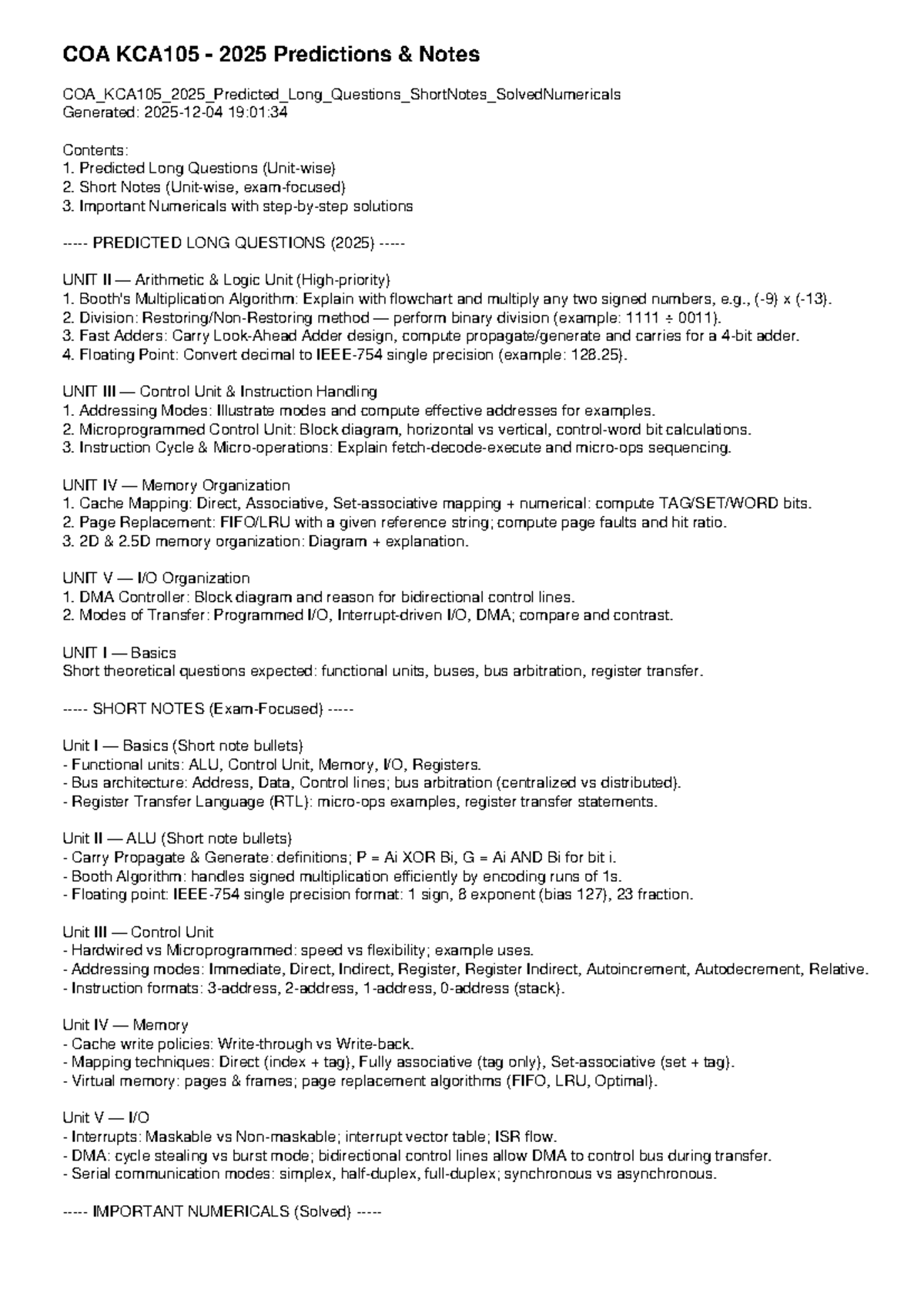 COA KCA105 2025 Final Exam Predictions: Long Qs, Short Notes ...