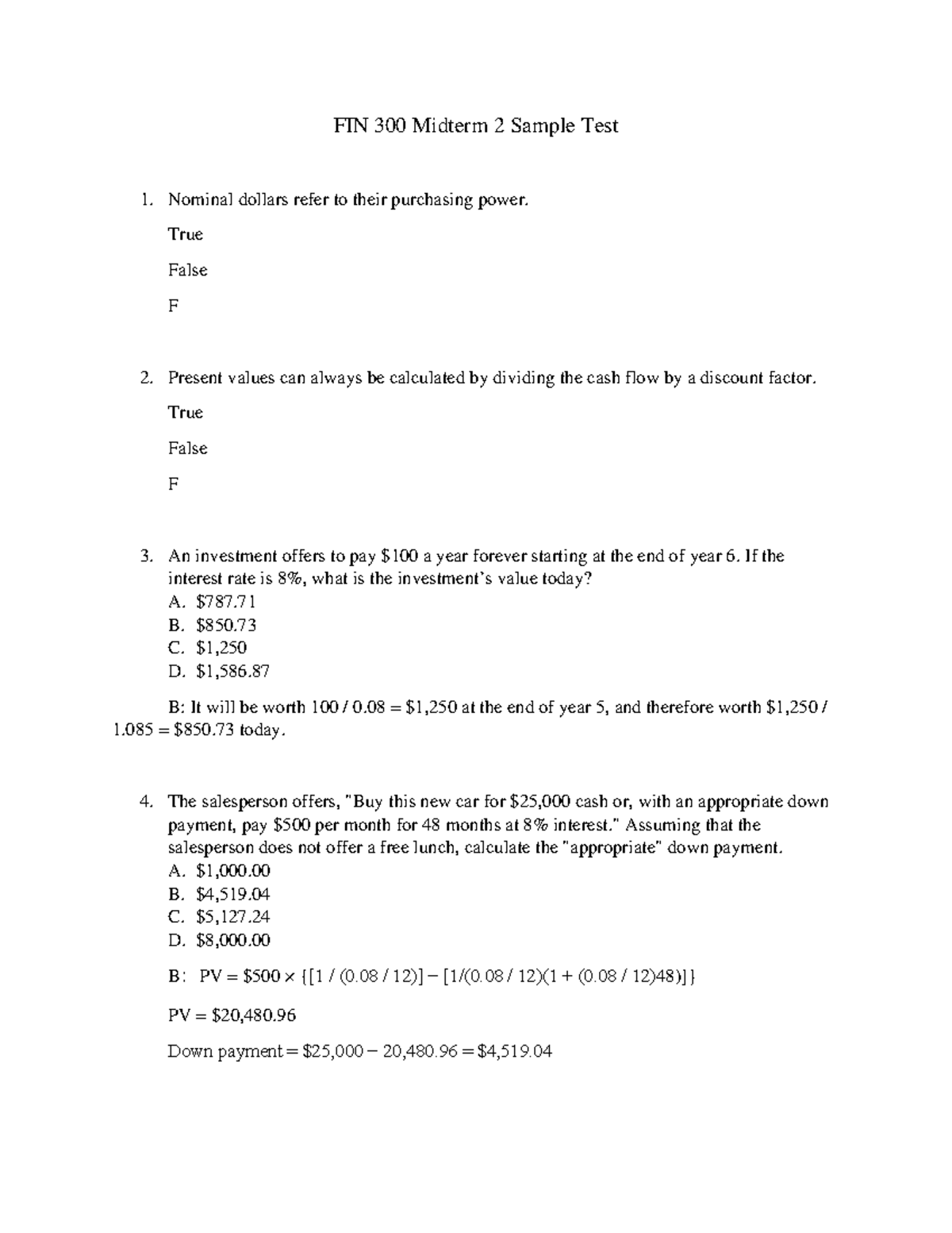 FIN 300 Midterm 2 Sample Test with Answers and Explanations - Studocu