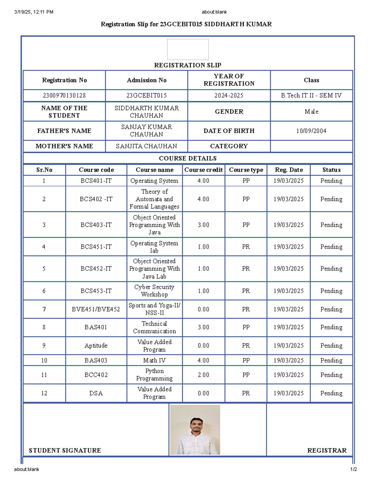 Sidd it - Notes - STUDENT SIGNATURE REGISTRAR Registration Slip for ...
