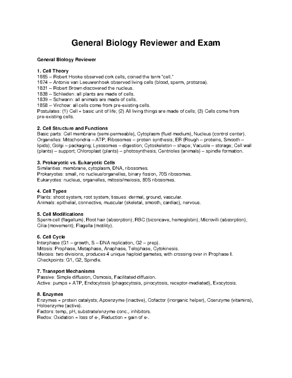 General Biology (BIO101) Final Exam Reviewer: Cell Theory & Functions ...