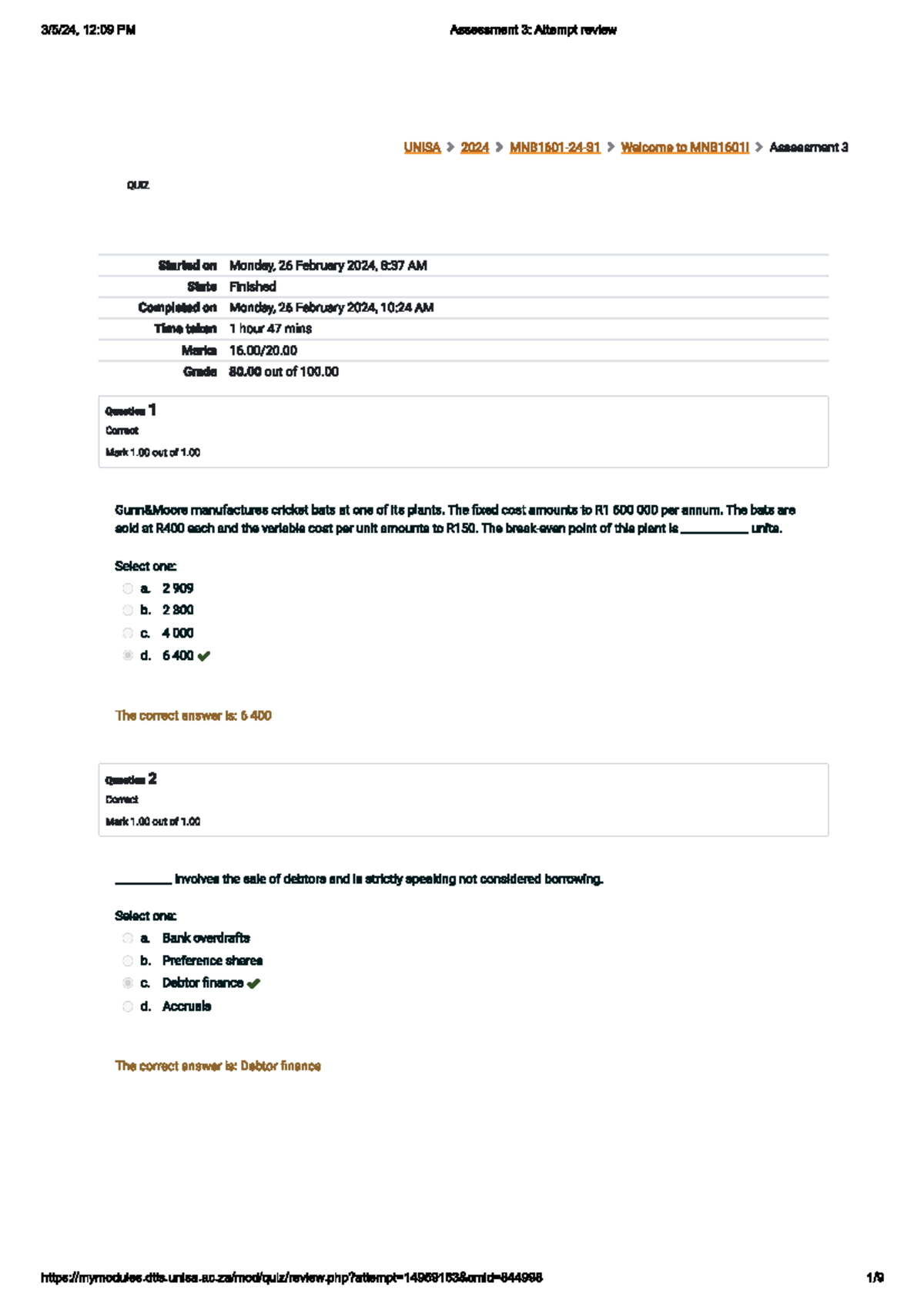 Asse3 att1 - mnb1501 - 12:09 PM Assessment 3: Attempt review UNISA 2024 ...
