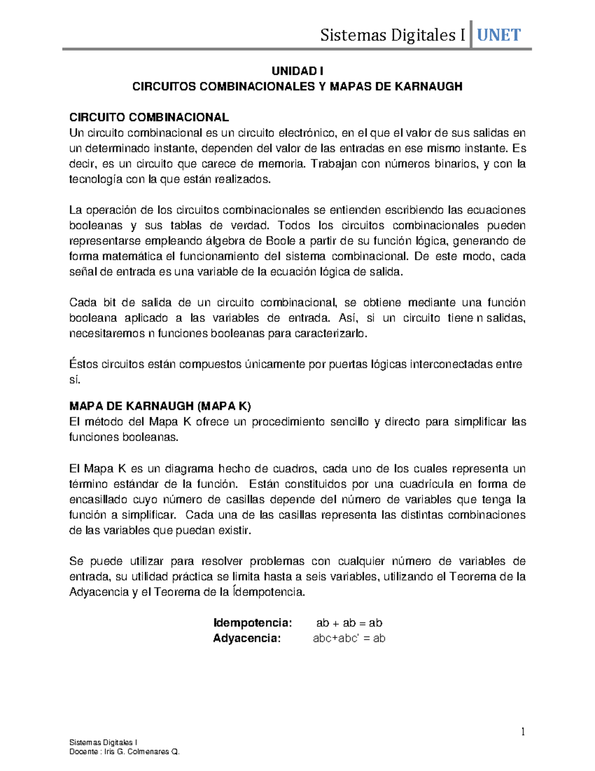 3. Circuitos combinacionales y mapas de Karnaugh - 1 Sistemas Digitales I UNIDAD I CIRCUITOS ...