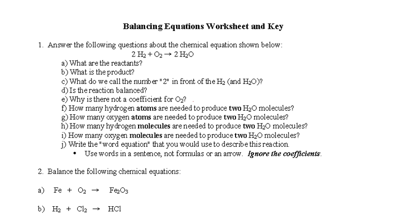 Balancing Equations Worksheet and Answer Key (CHEM 101) - Studocu