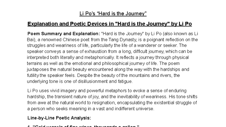 Li Po's Poem: Summary & Poetic Devices Analysis - Studocu