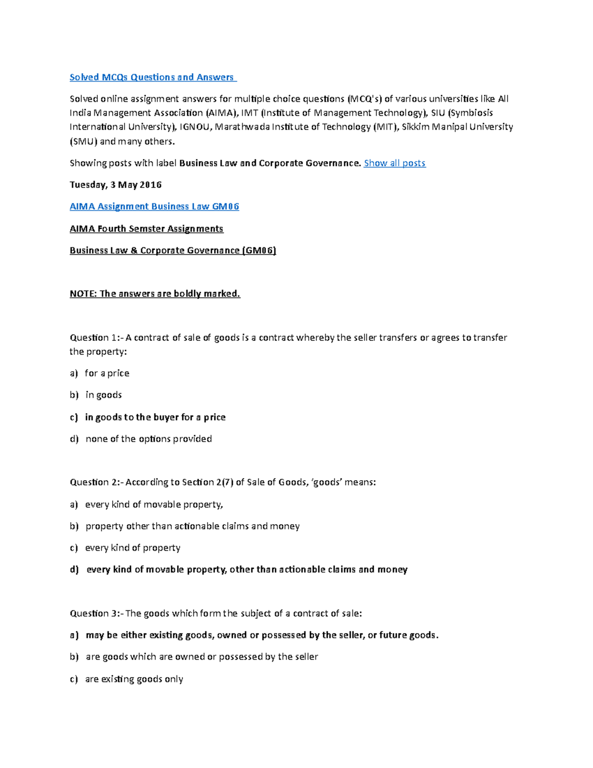 Business law - law of contract - Solved MCQs Questions and Answers ...
