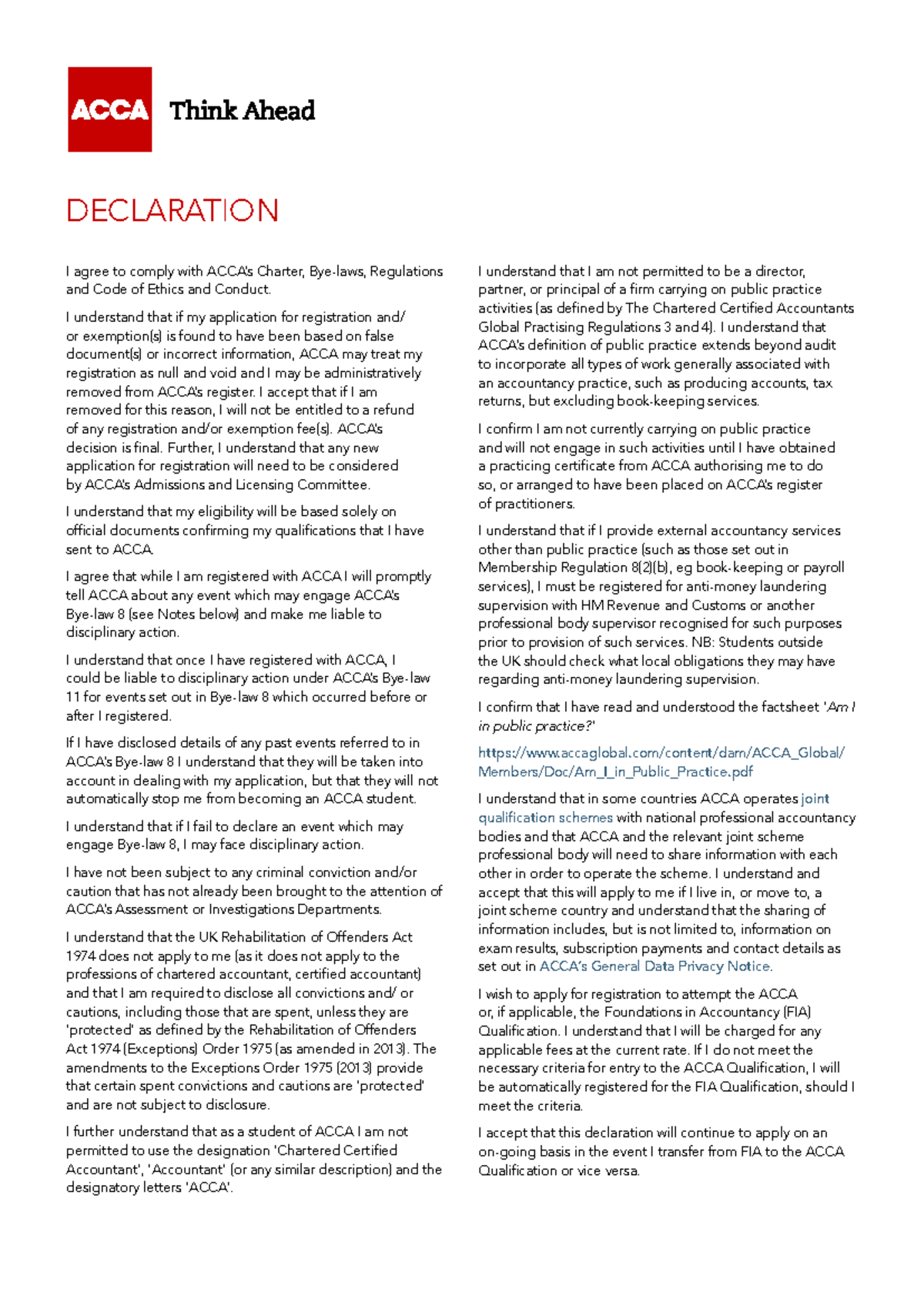 ACCA Registration Declaration and Compliance Agreement - Studocu