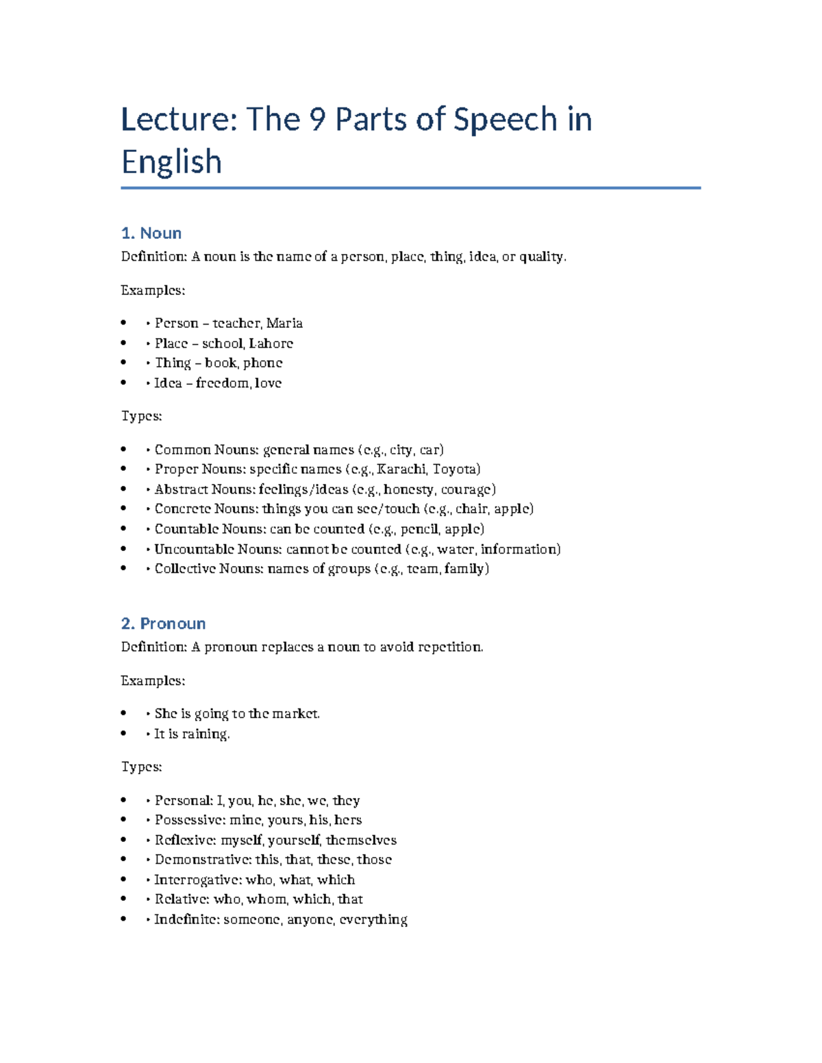 Lecture: Understanding the 9 Parts of Speech in English - Studocu