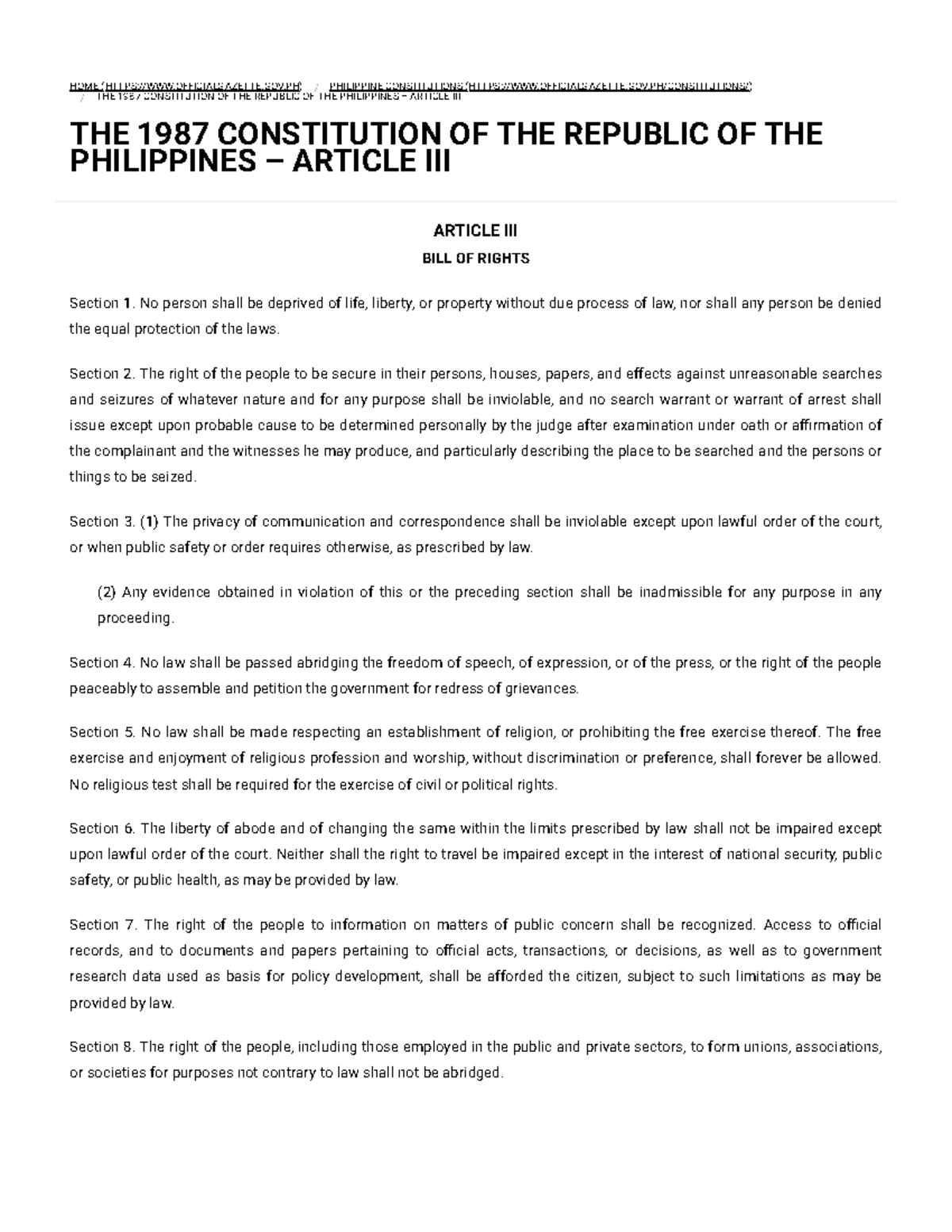 1987 Constitution of the Philippines – Article III: Bill of Rights ...