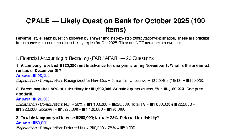 CPALE Reviewer: Likely Question Bank for Oct 2025 (100 Items) - Studocu