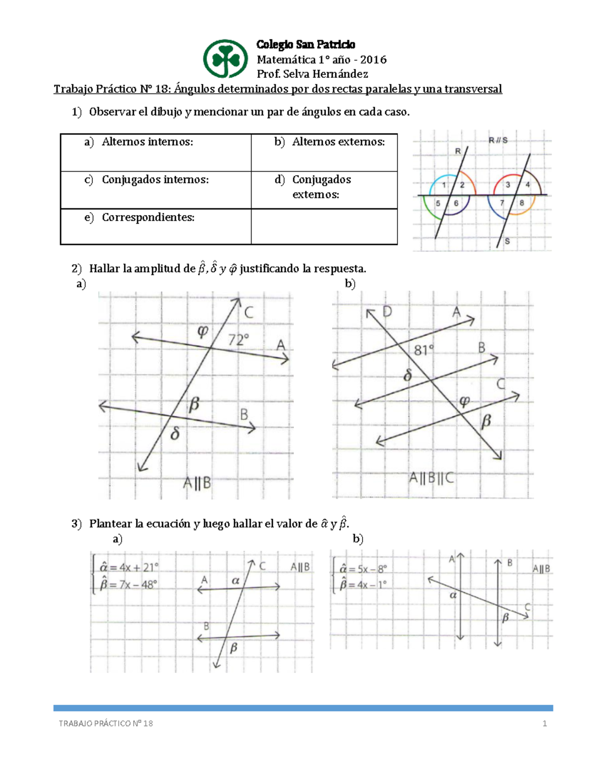 Trabajo Práctico 18: Ángulos entre Rectas Paralelas - Matemática 2016 ...