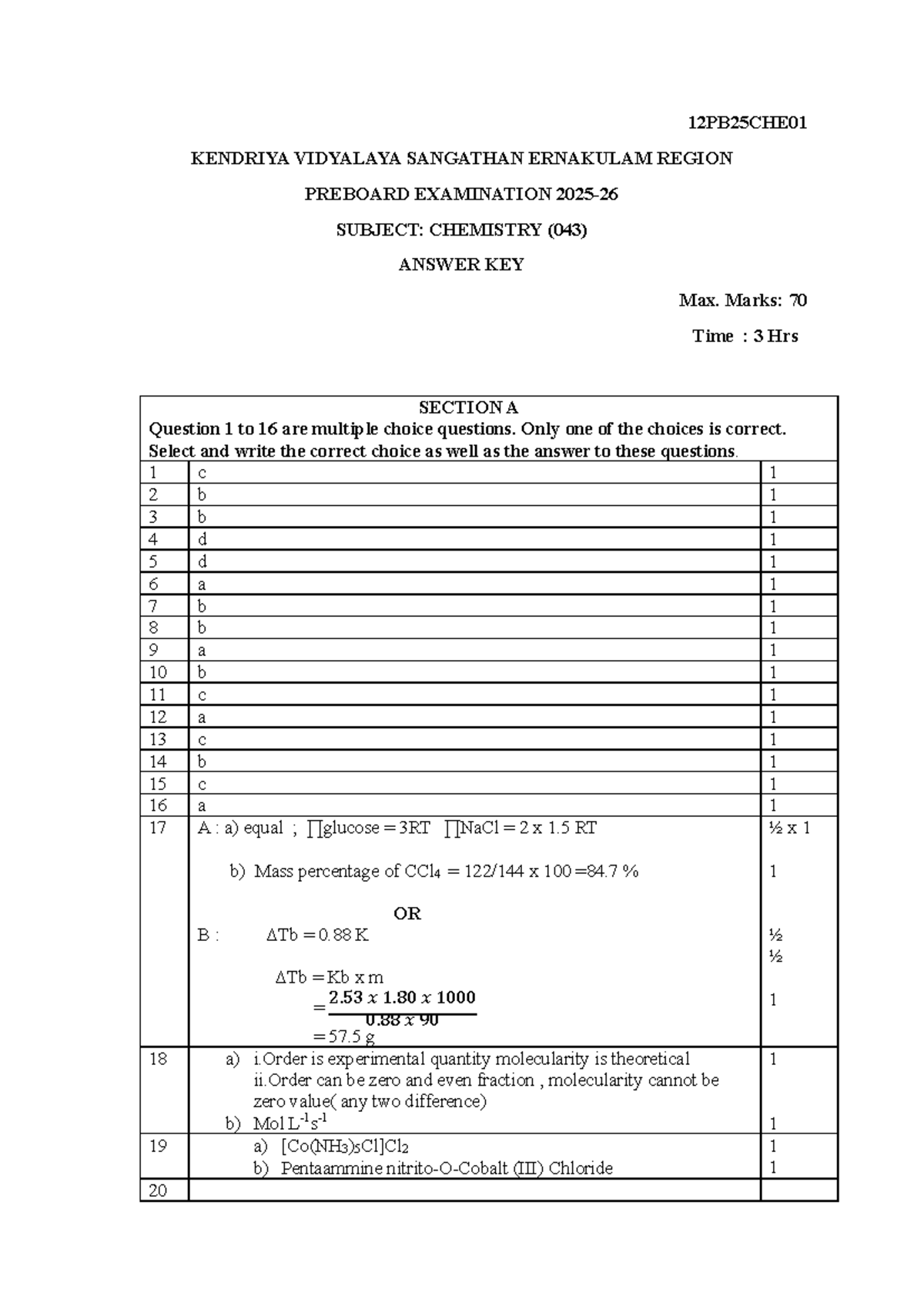 12PB25CHE01 Preboard Exam Chemistry (043) Answer Key - Studocu