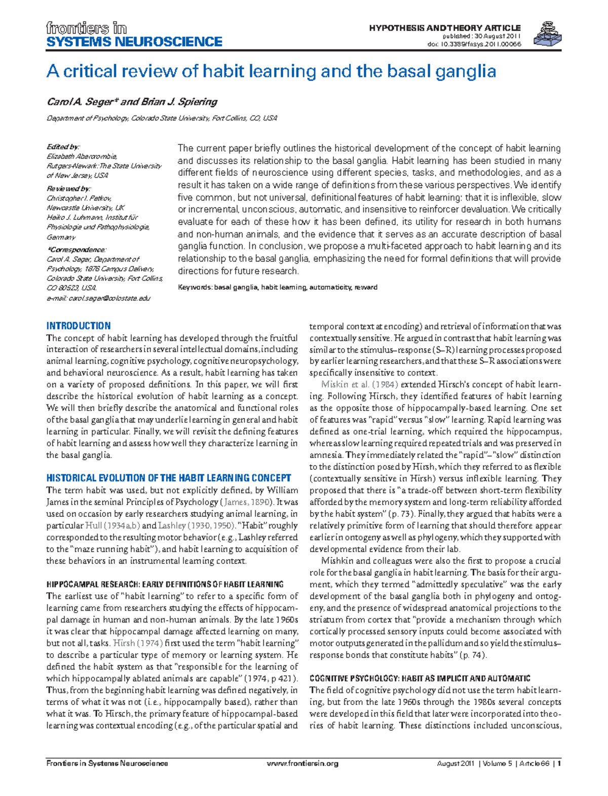 A Critical Review of Habit Learning and the Basal Ganglia (PSY 301 ...